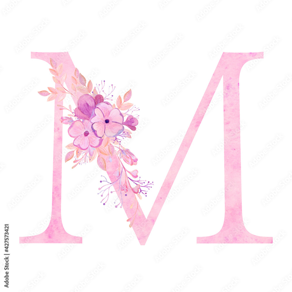 Pink letters with flowers. Romantic, delicate watercolor font. Wedding ...