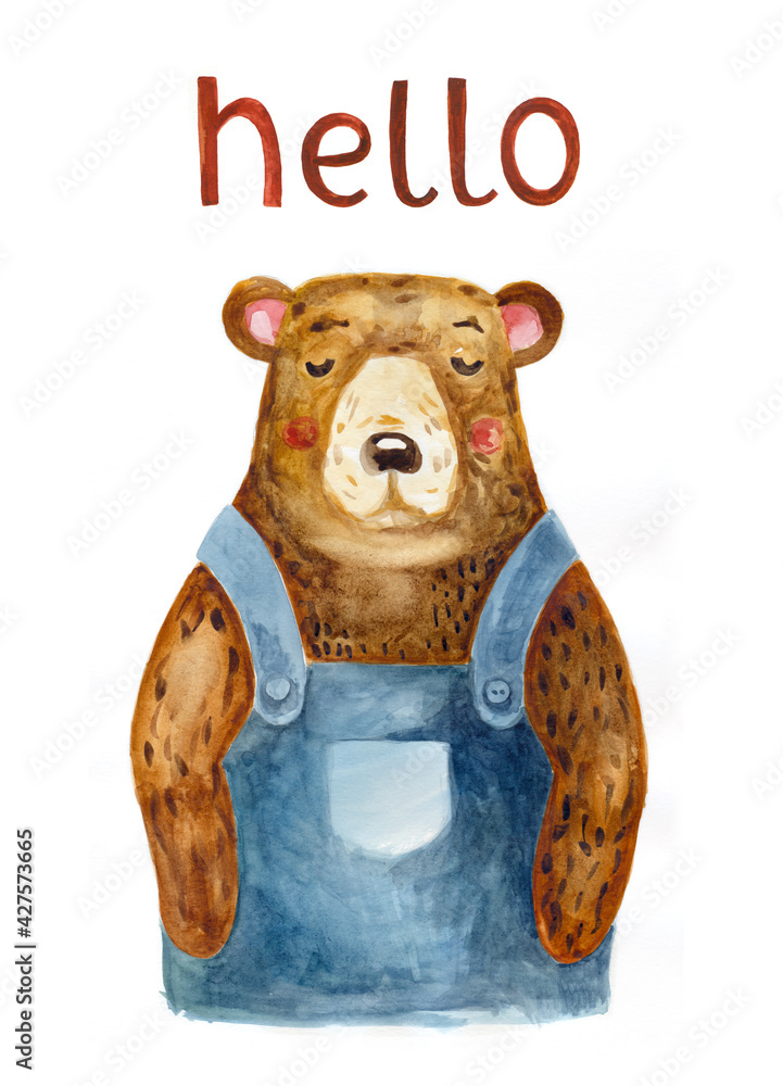 Cute bear in denim overalls. Cozy mood. Handwritten lettering "hello ...