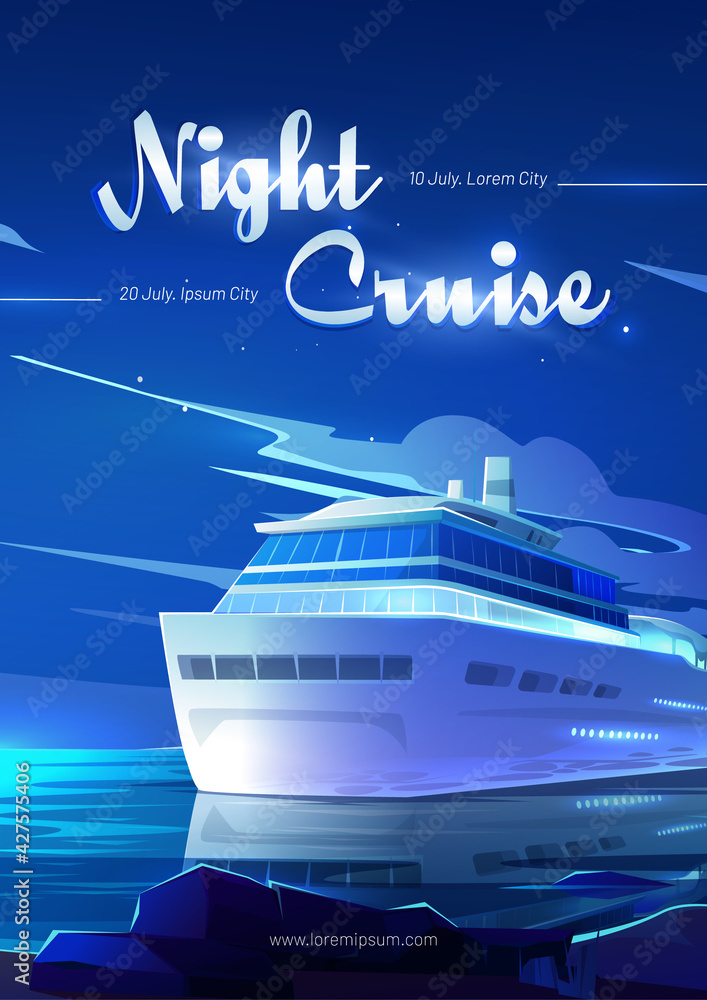 Night cruise on sea liner cartoon flyer, invitation for booking ticket ...