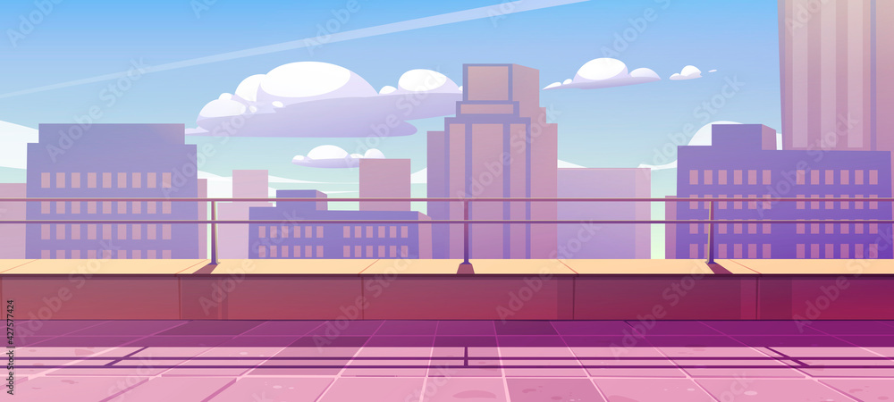 Terrace on rooftop with city view. Empty patio on roof or balcony with ...