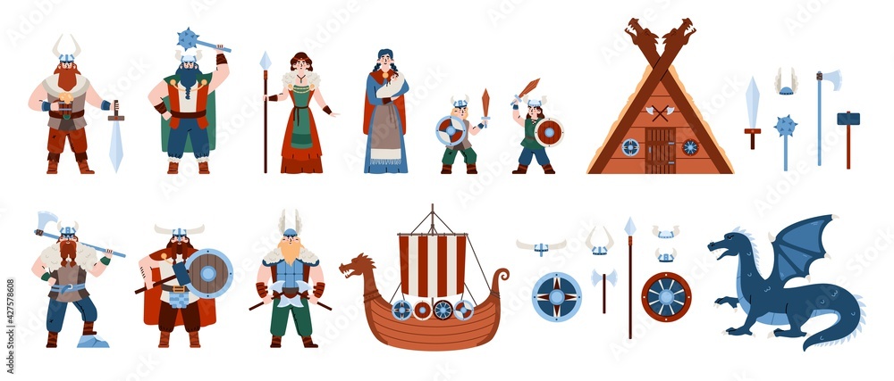 Viking fairy tales characters and items set, flat vector illustration ...