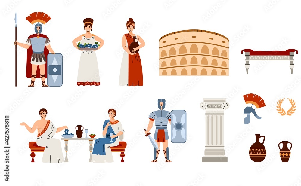 Ancient Rome characters and symbols set of cartoon vector illustrations ...