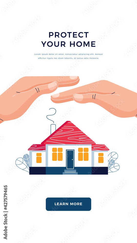 Protect your home banner. Male hands are protecting the house. Home ...