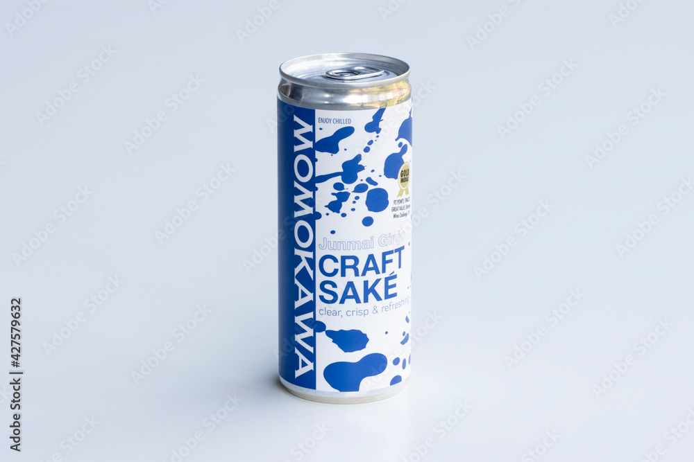 Portland, OR, USA - Apr 13, 2021: A can of Momokawa Junmai Ginjo Craft ...