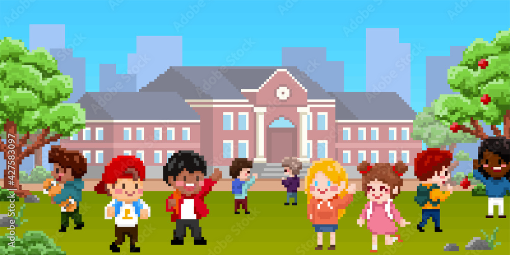 8bit pixel art school kids Stock Vector | Adobe Stock