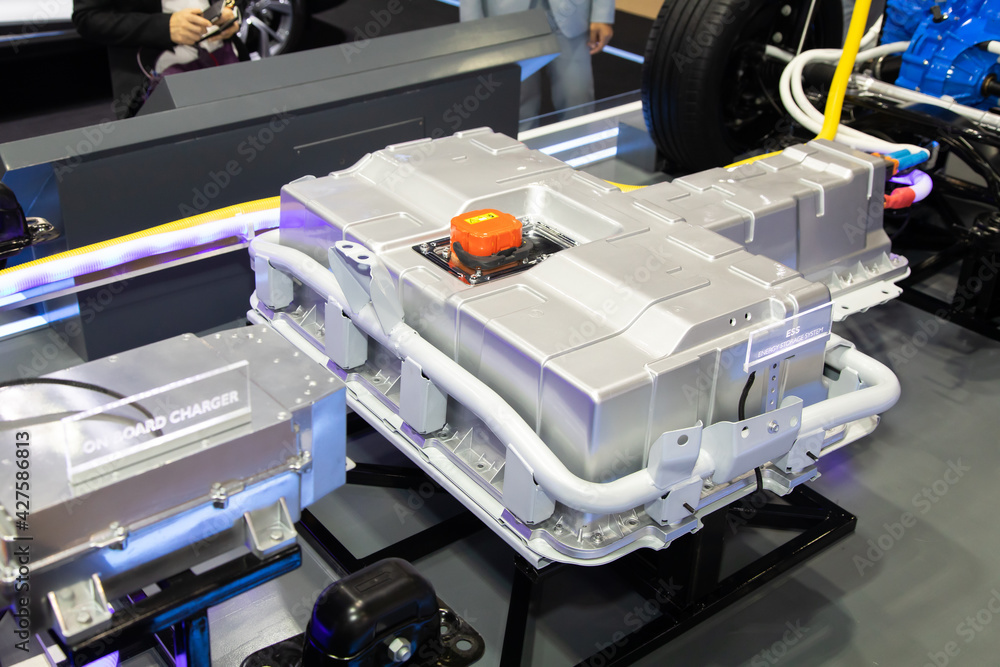 lithium battery pack and power connections in electric car. Stock Photo ...