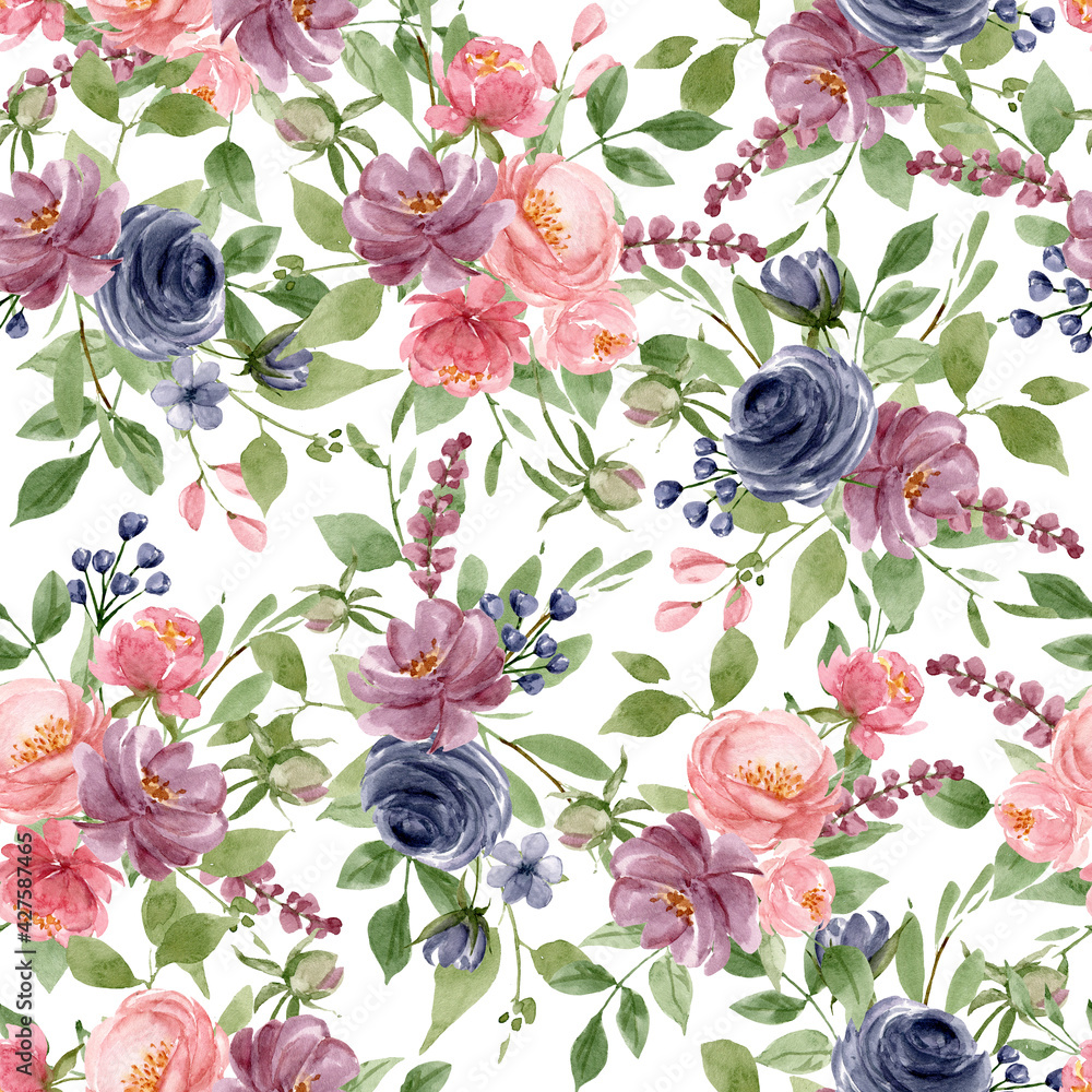 Seamless floral pattern, background with watercolor flowers pink and ...