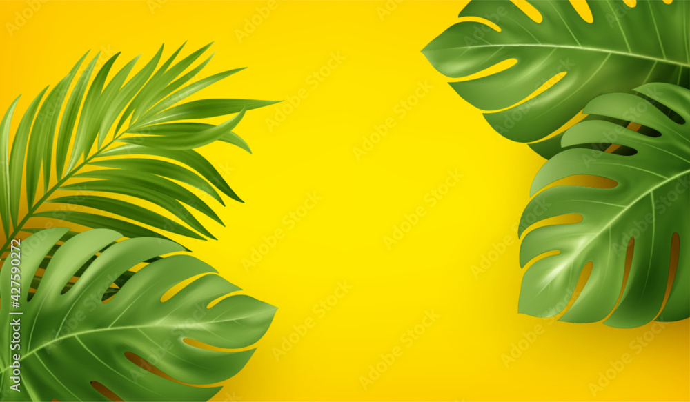 Bright yellow summer background with tropical realistic monstera and ...