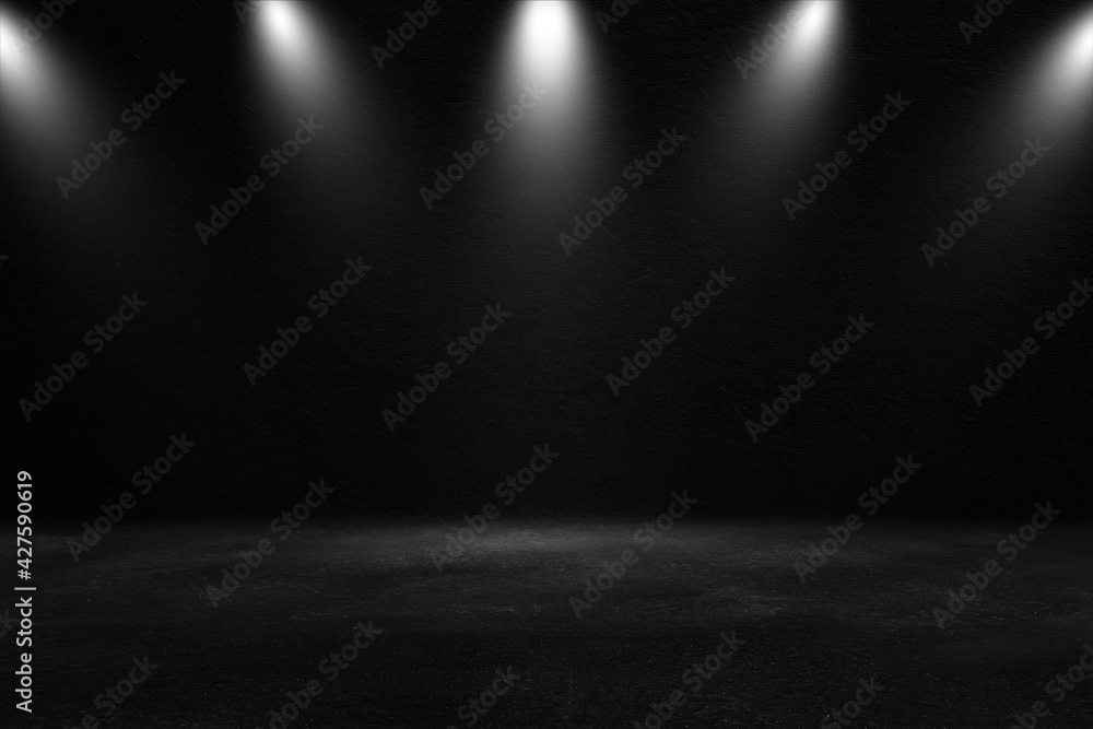 Product showcase with spotlight. Black studio room background. Use as ...
