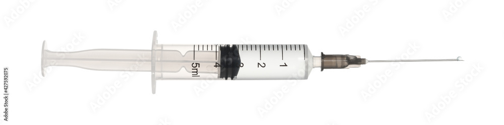 Syringe with needle and vaccine inside. Medical syringe 5 ml, banner ...