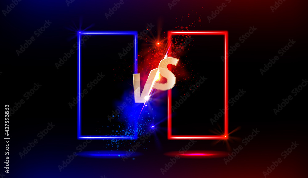Versus VS gold sign with blue and red empty frames or borders and glow ...