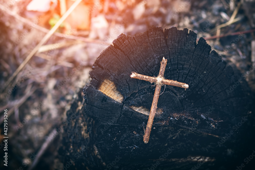 Wooden cross is placed on the stump, symbol of jesus, Easter ...