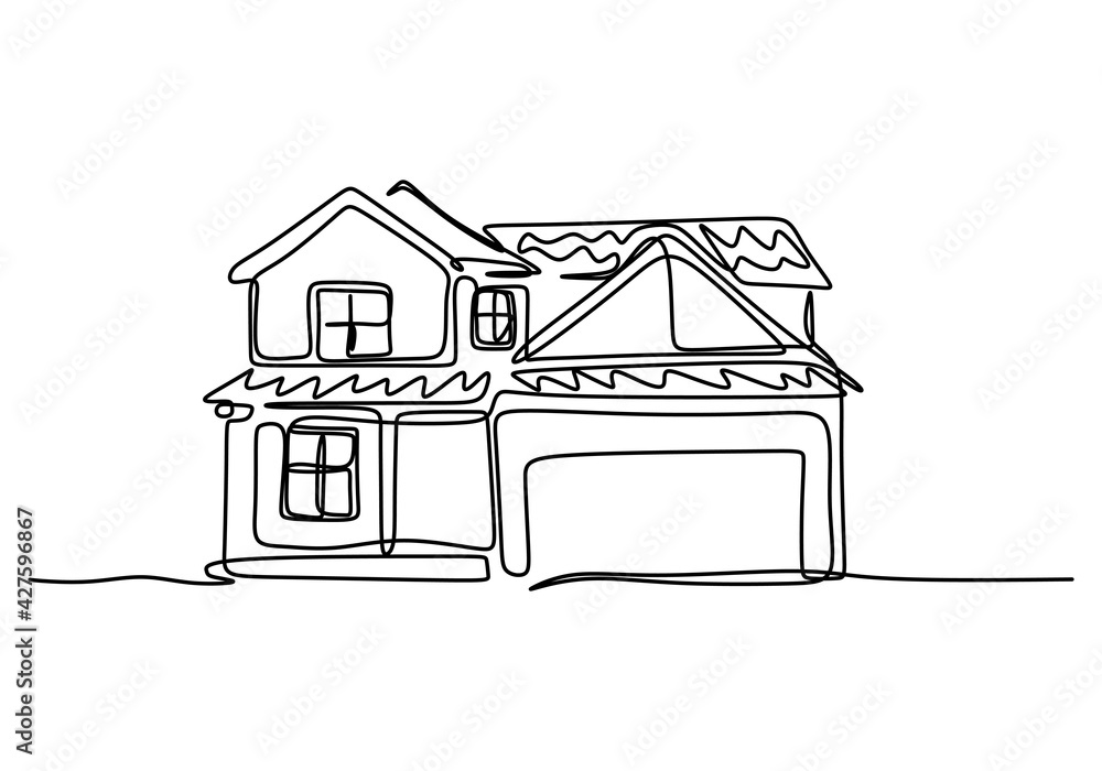 Single one line drawing of house with two floor. Home building ...