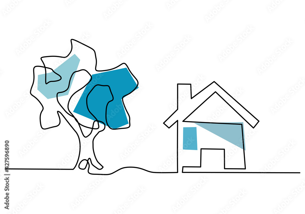 Continuous one line drawing of a little house with garden trees at ...