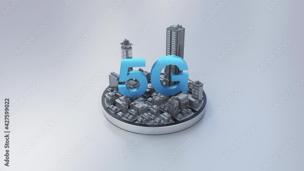 '5G' communication technology smart city that appears while rotating in ...