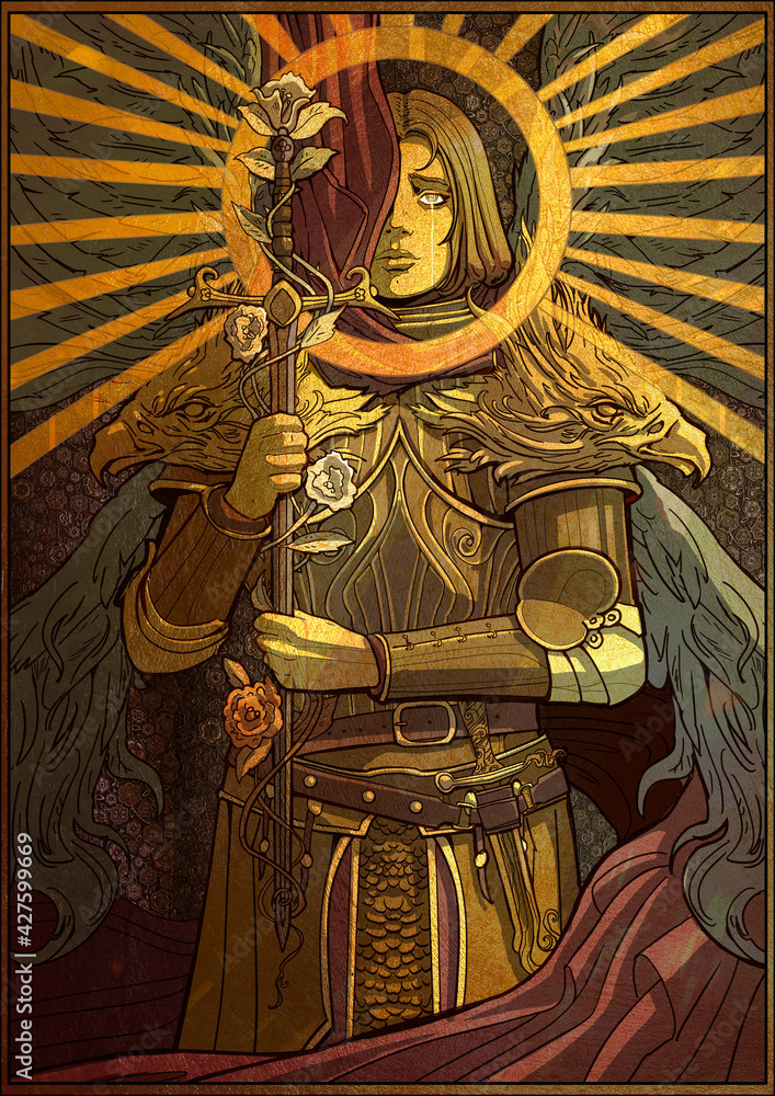 A beautiful Golden squire girl in plate armor with angel wings prays ...