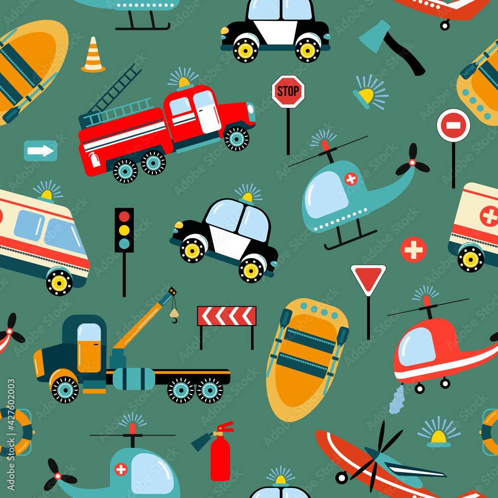 Cars are rescuers. Seamless pattern with rescue equipment. Design of ...