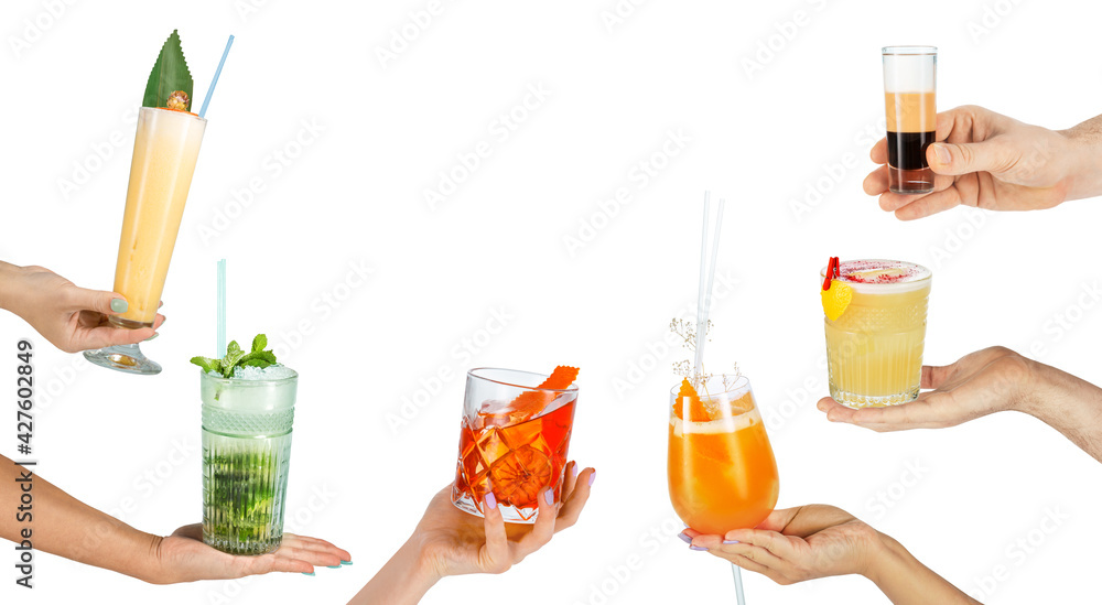 Male and female hands holding cocktails on a white background ...
