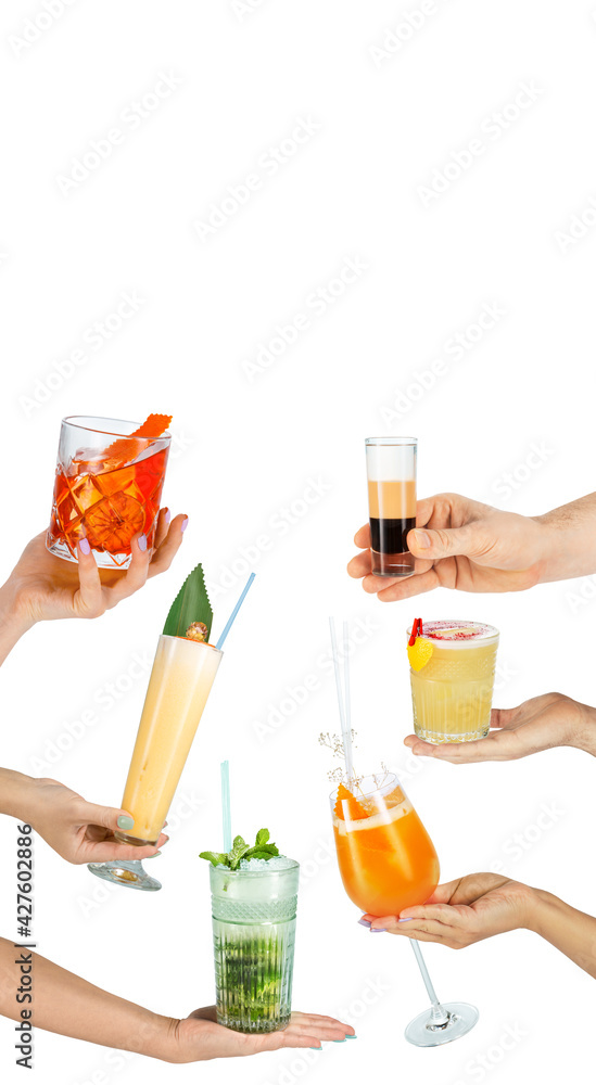 Male and female hands holding cocktails on a white background ...