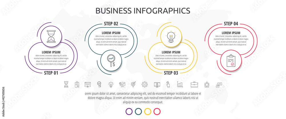 Vetor do Stock: Line infographics circles with four steps, labels. Timeline data vector template ...