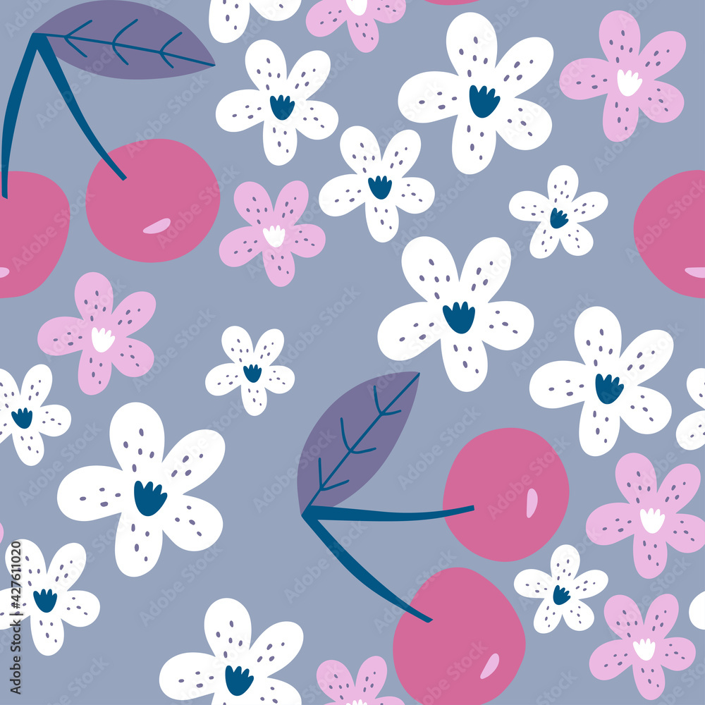 Seamless pattern with cherries. Spring background. Modern design for ...