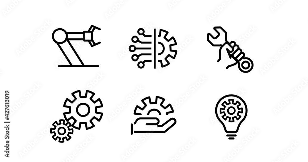 Engineering, development and innovation icon set in outline design ...