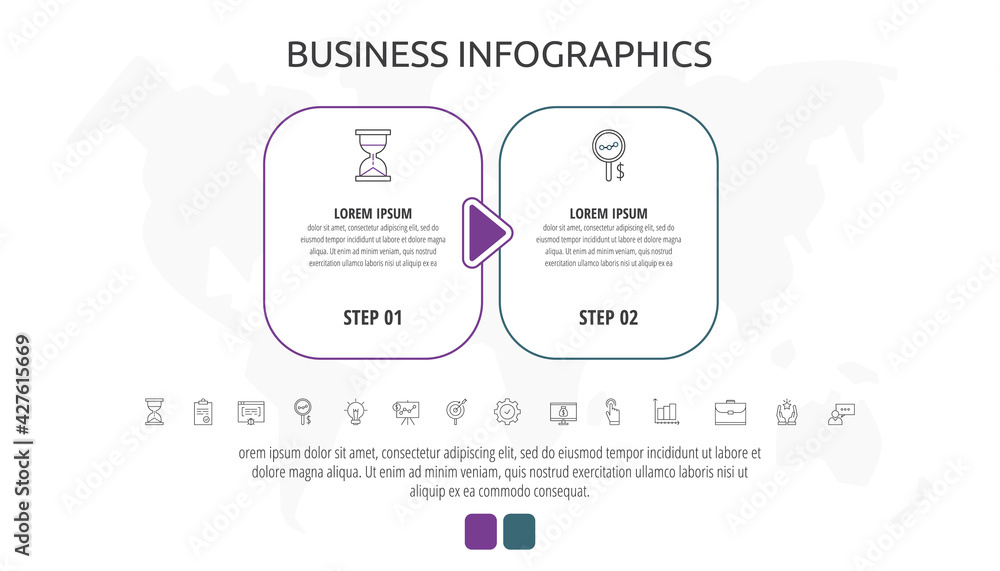 Line cards with two steps, arrows. Rectangular infographic. Frames ...