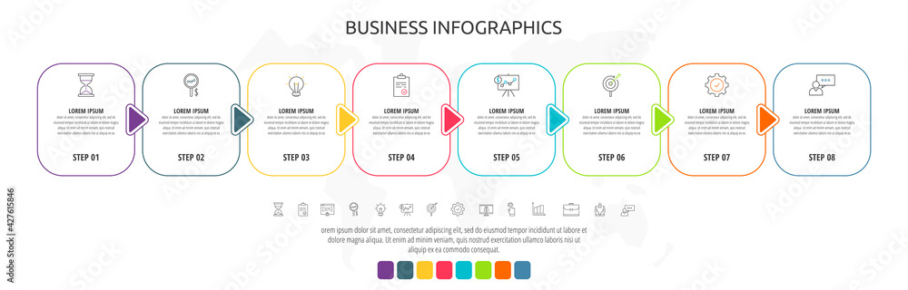 Line cards with eight steps, arrows. Rectangular infographic. Frames ...
