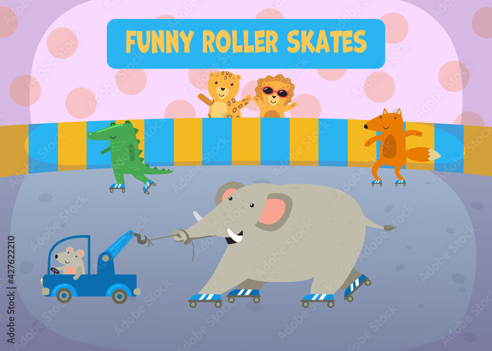 Happy cartoon animals roller skating on rink illustration. Mouse on ...