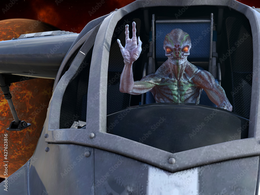 Illustration of an alien piloting a spaceship while waving and smiling ...