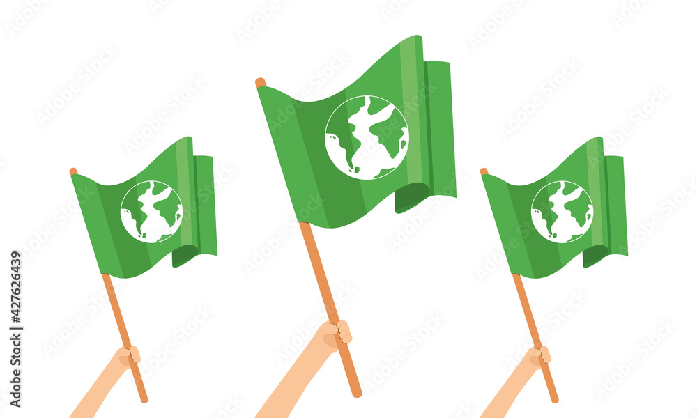 Hands holding green flags with earth logo, Save the world concept ...