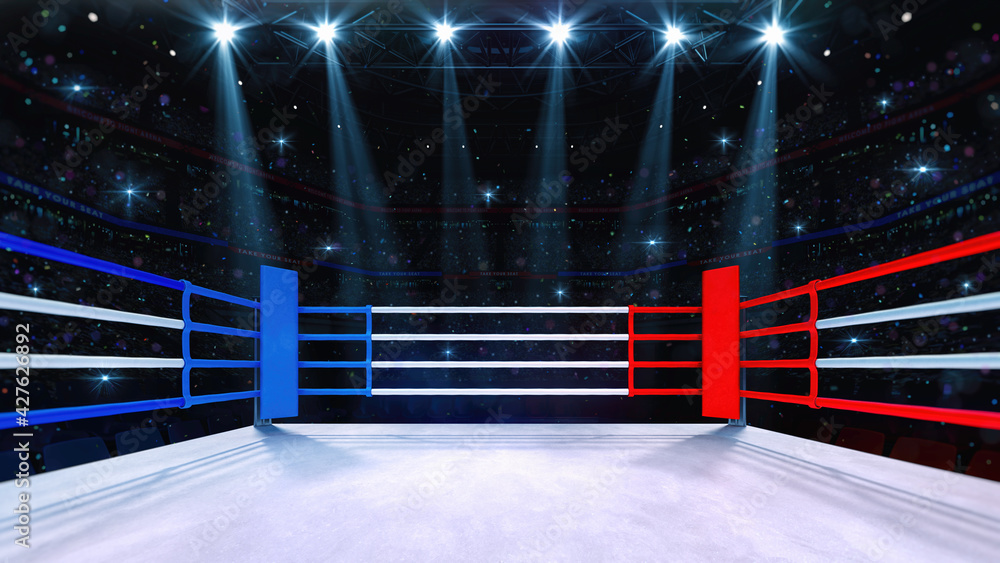 In the boxing ring. Interior view of sport arena with fans and shining ...