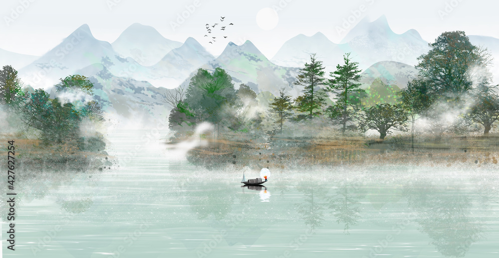 Hand painted Chinese style blue elegant landscape painting Stock ...