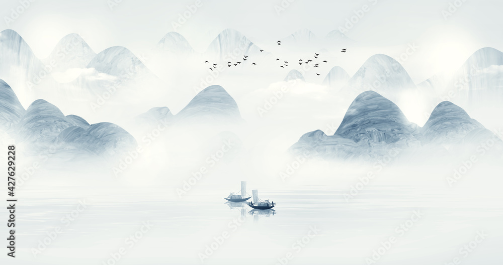 Hand painted Chinese style blue elegant landscape painting Stock ...