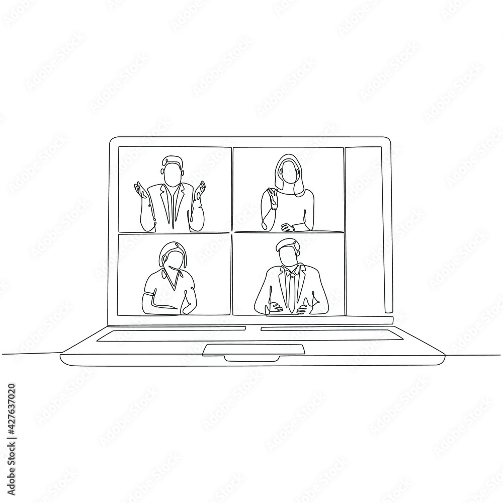 Continuous line drawing of people doing video calls with laptop ...