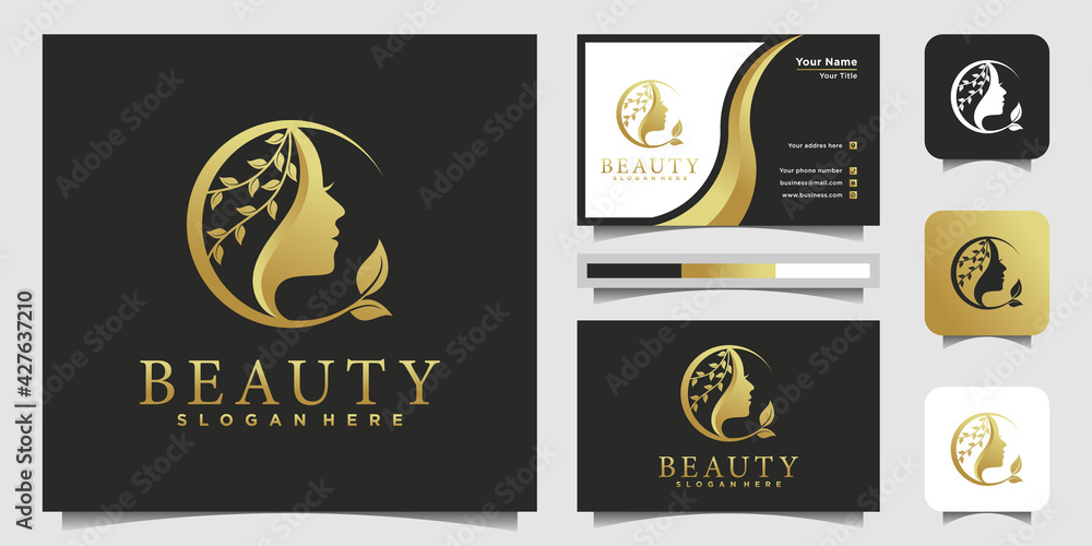 Beauty woman's face flower logo with gold gradient and business card ...