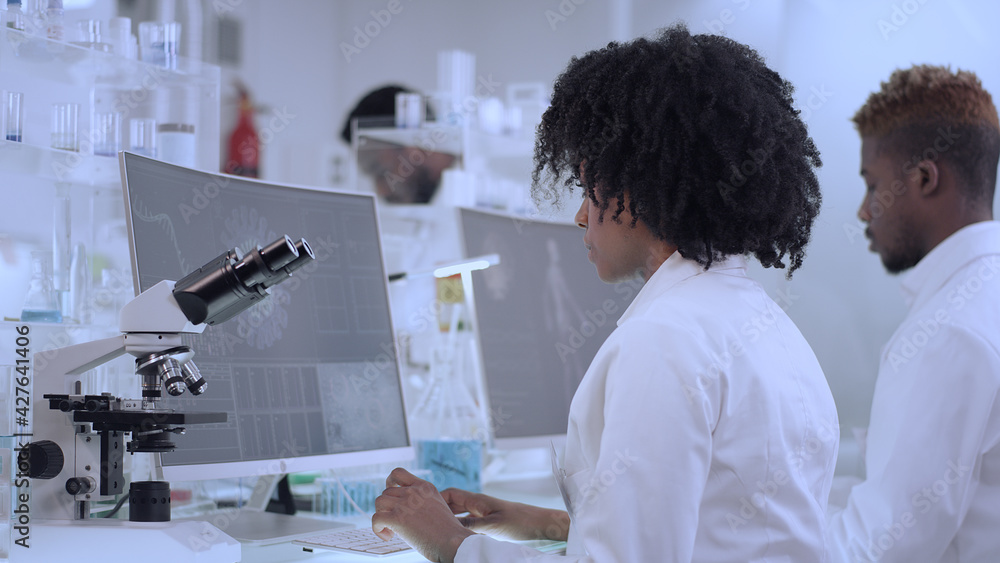 African ethnicity doctors working in laboratory. Studying human ...