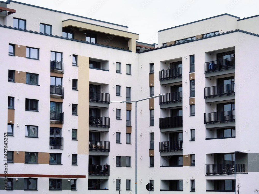 Exterior of new modern high-rise condominium apartment buildings with ...
