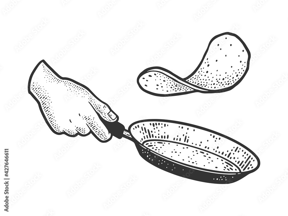 Turning a pancake in flight over a frying pan during frying sketch ...