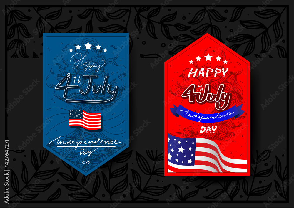 US Independence day, blue and red logos on the black background, font ...