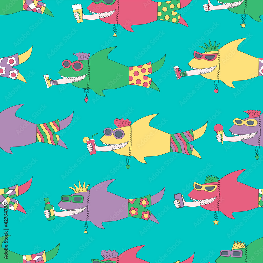 funny cartoon multi-colored sharks in Hawaiian shorts and sunglasses ...
