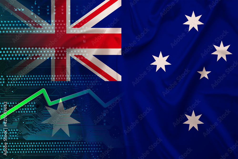 national flag of Australia on silk with folds, green electronic printed ...