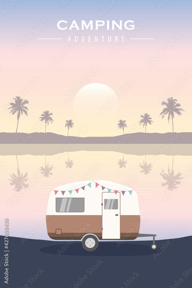 tropical camping adventure summer holiday with camper Stock Vector ...