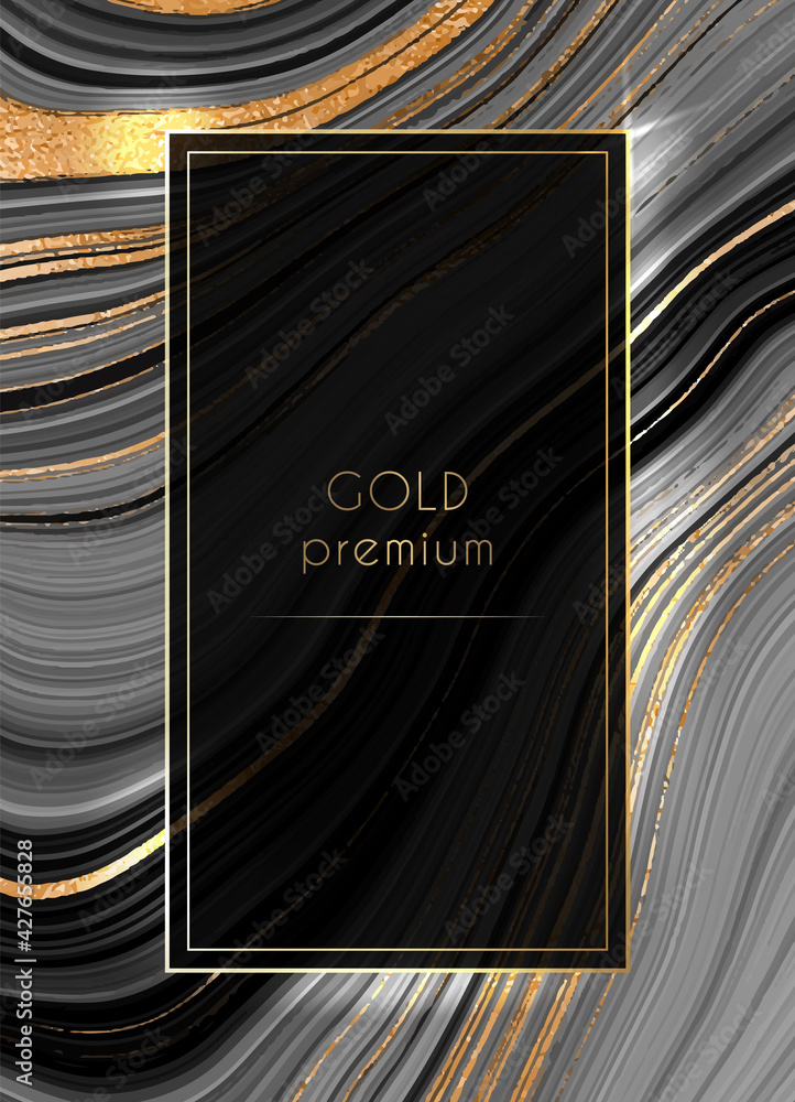 Gold frame. Marble black background with gold and place for text. The ...