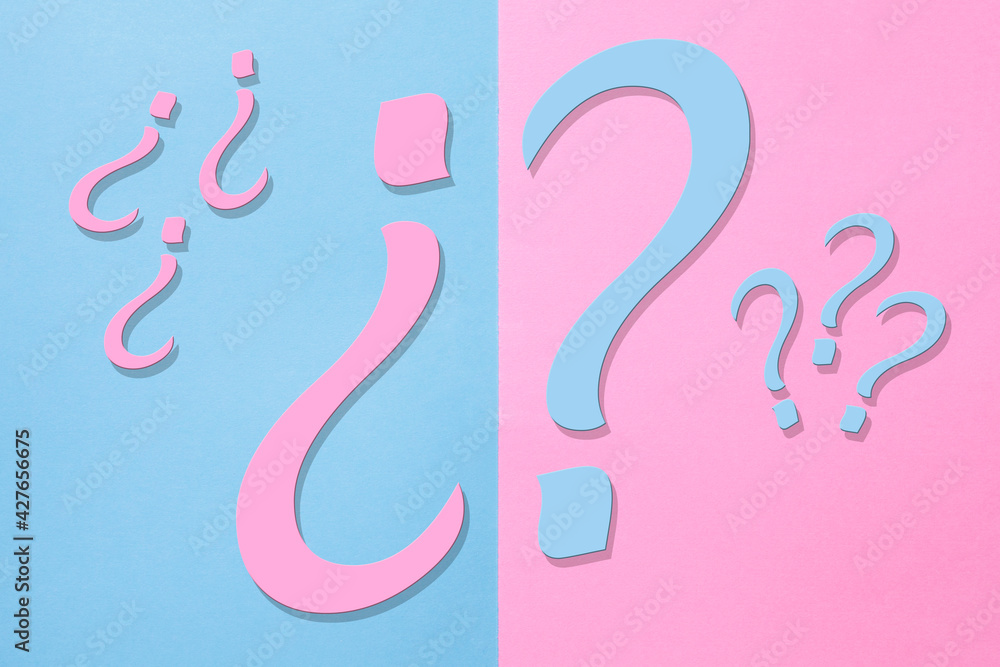 group of question marks on pink and blue background. Concept newborn ...
