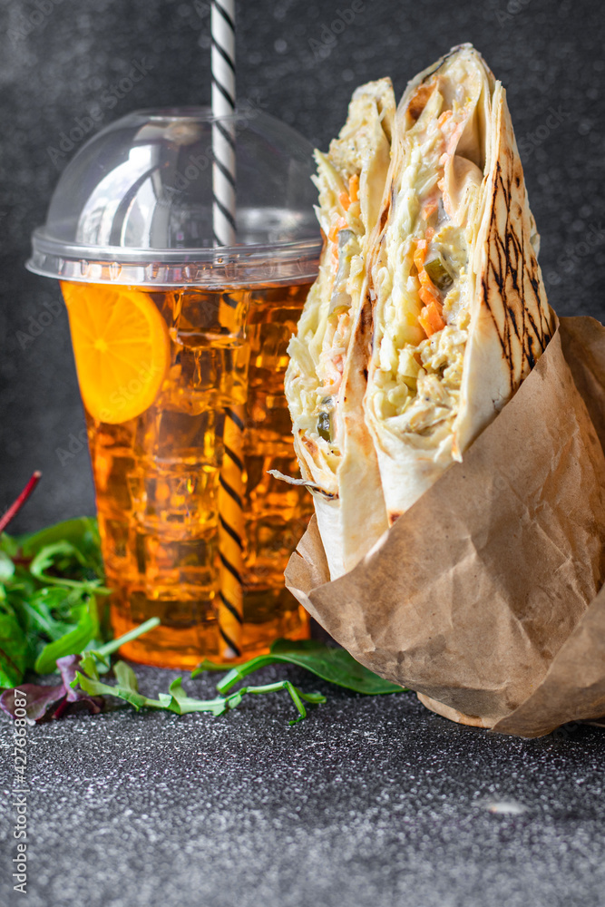 doner kebab shawarma sandwich roll or burrito meat, vegetables sauce ...