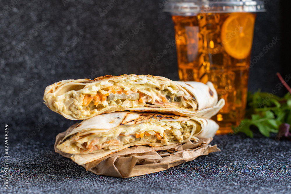 doner kebab shawarma sandwich roll or burrito meat, vegetables sauce ...