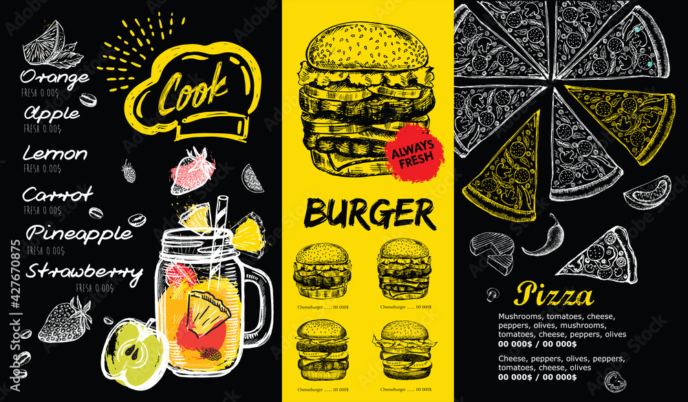 Restaurant menu design. Food flyer. Hand-drawn style. Vector ...