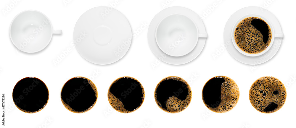 Photo set included black coffee cup ,white saucer, white cup ,coffee ...