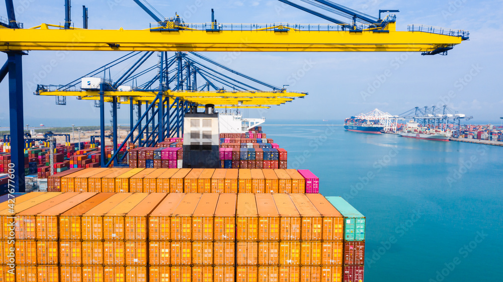 ear view cargo container ship. Business logistic transportation sea ...